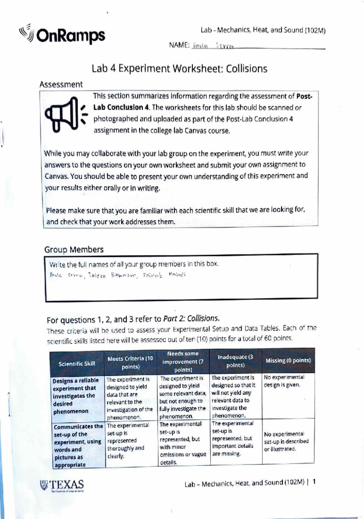 OnRamps Lab 4: Collisions Assessment Worksheet (102M) - Studocu