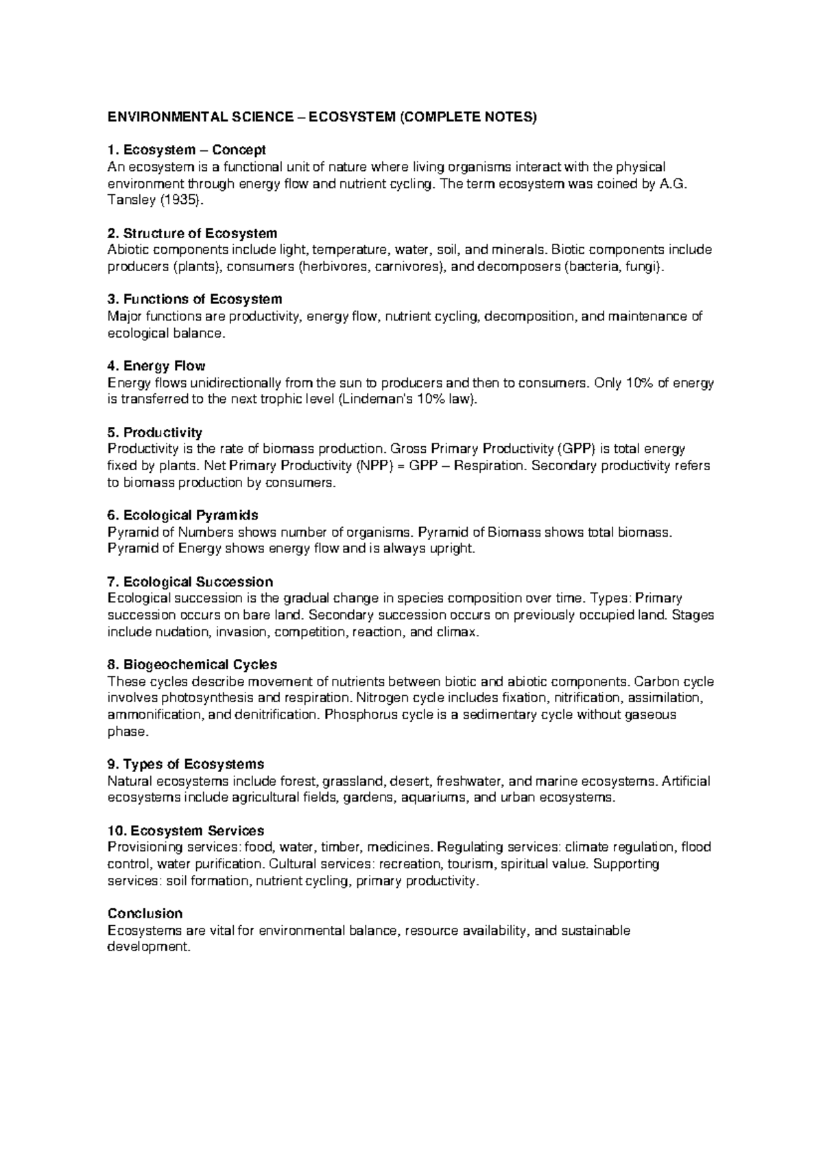 Environmental Science Ecosystem Notes (ECOSYSTEM 101) - Studocu