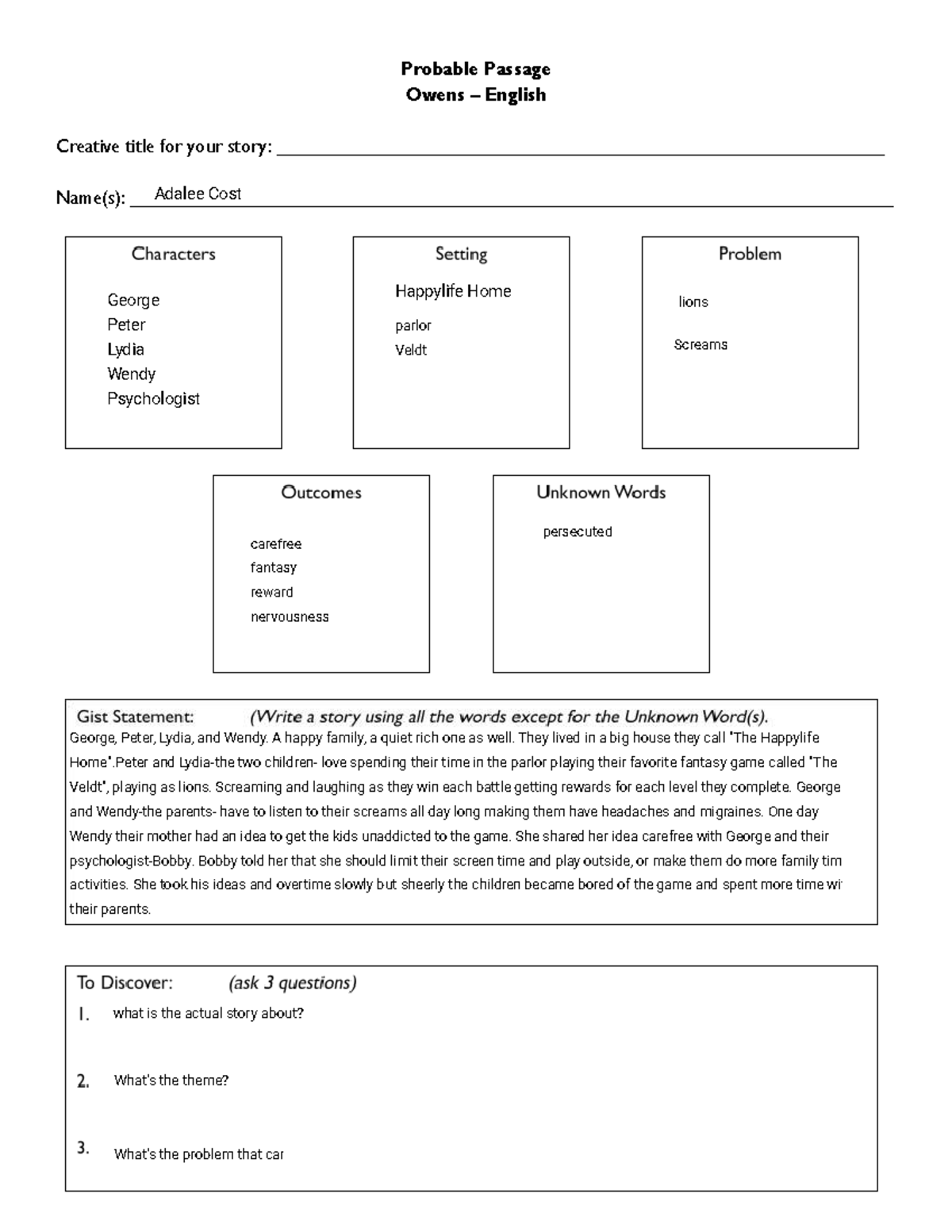 Probable Passage Graphic Organizer: Adalee Cost Analysis - Studocu