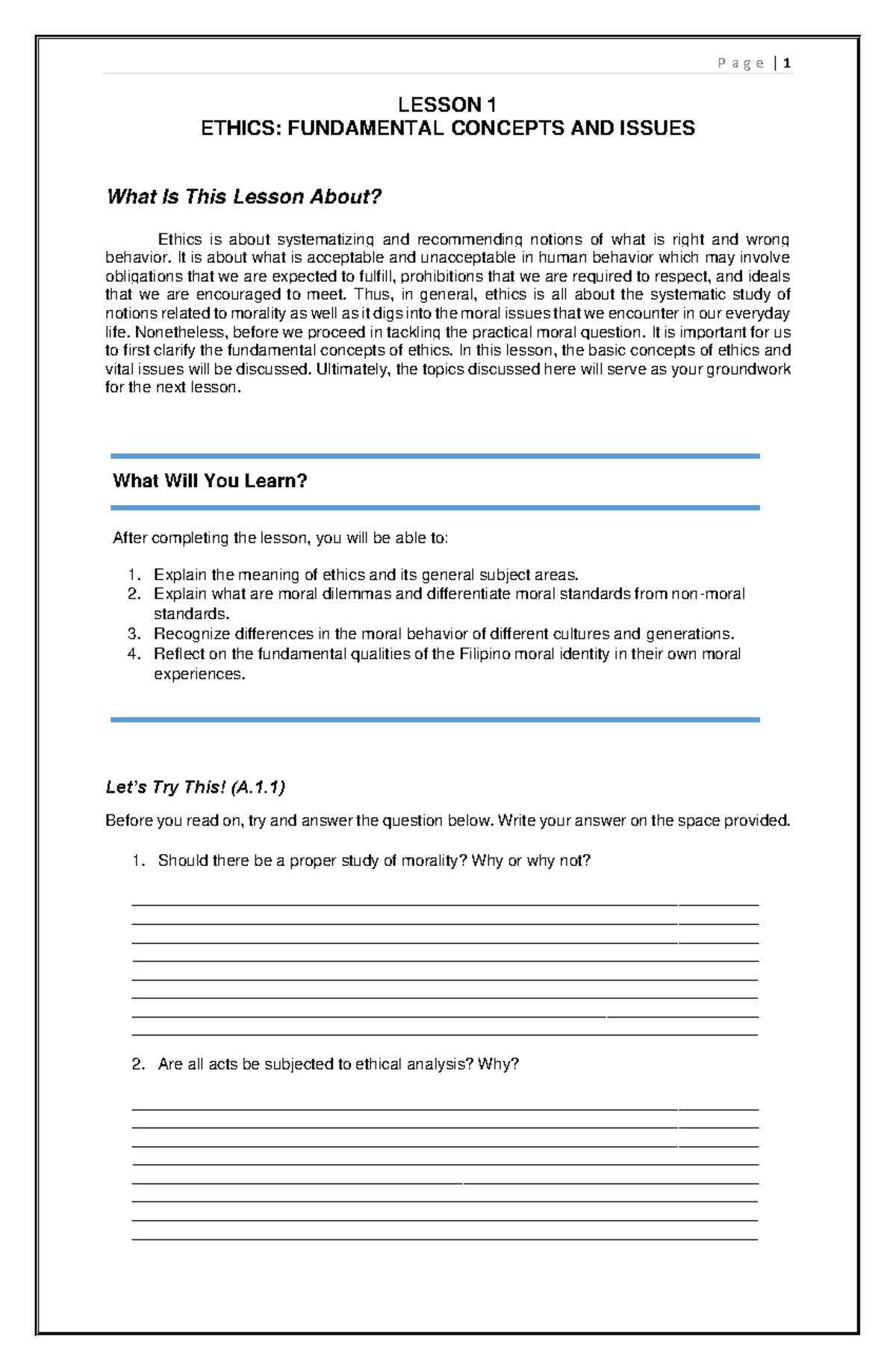Ethics-Lesson-1: Exploring Fundamental Concepts and Moral Standards ...