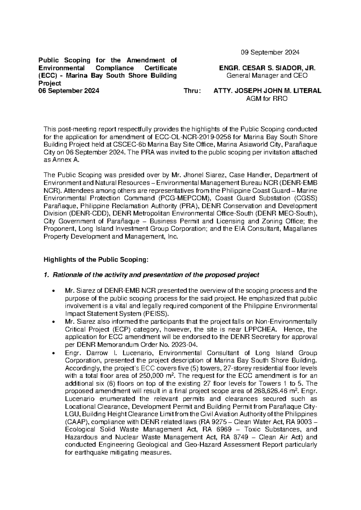 Public Scoping Report: ECC Amendment for Marina Bay South Shore Project ...