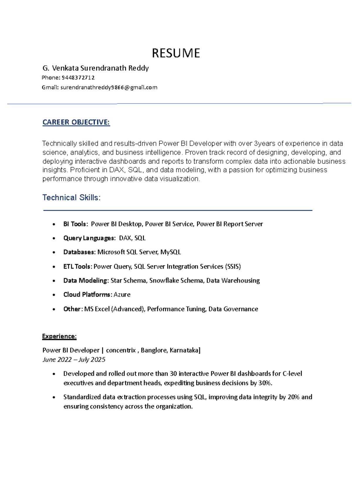 Power BI Developer Resume - G. Venkata Surendranath Reddy - Studocu