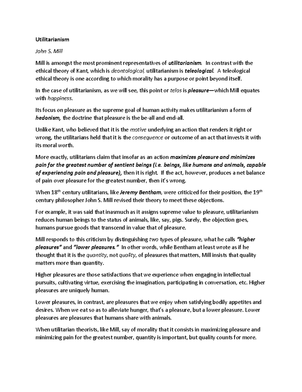 Utilitarianism: Insights from John S. Mill's Ethical Theory - Studocu