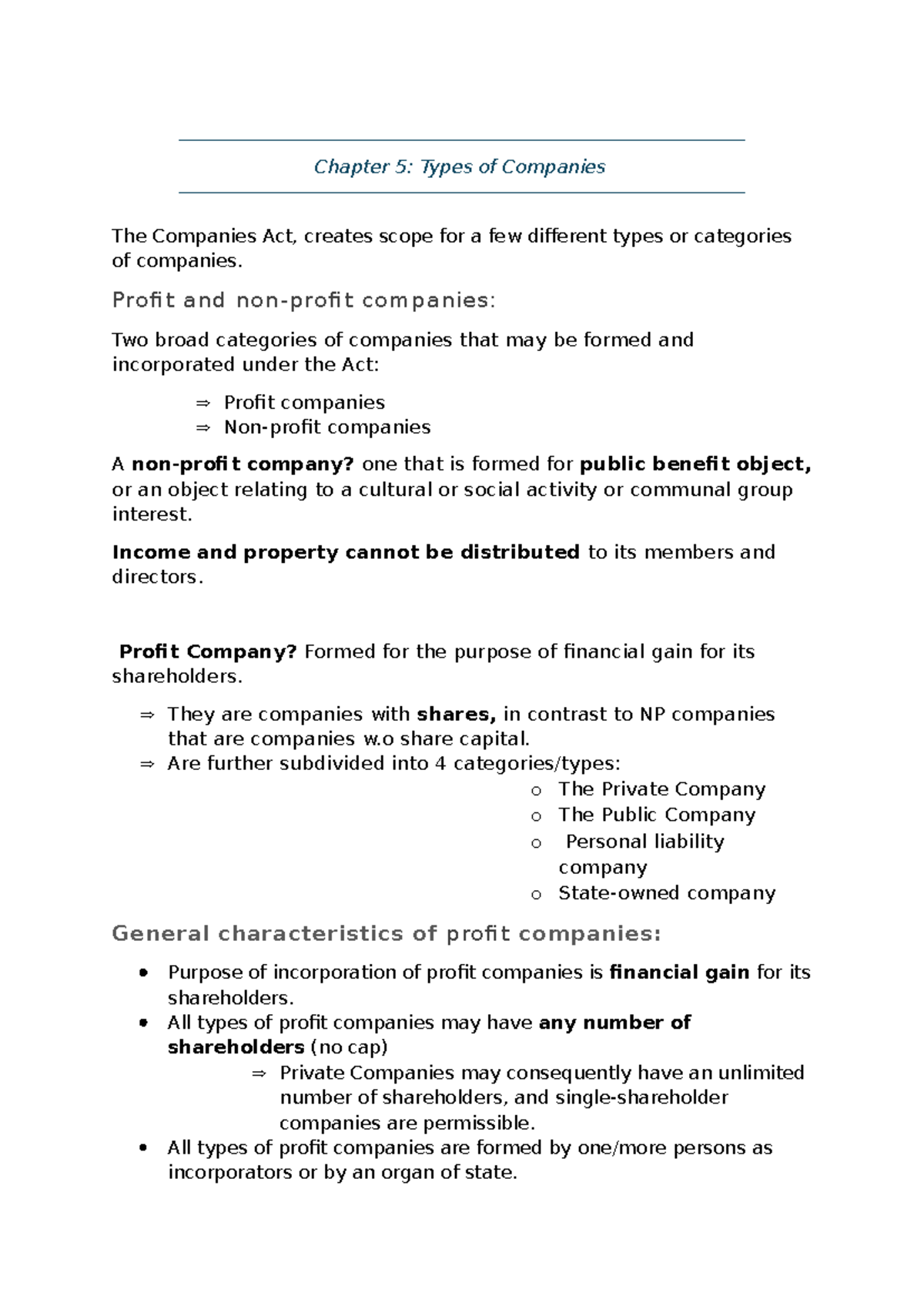 Chapter 5: Types of Companies - IURI 311 Exam Notes - Studocu