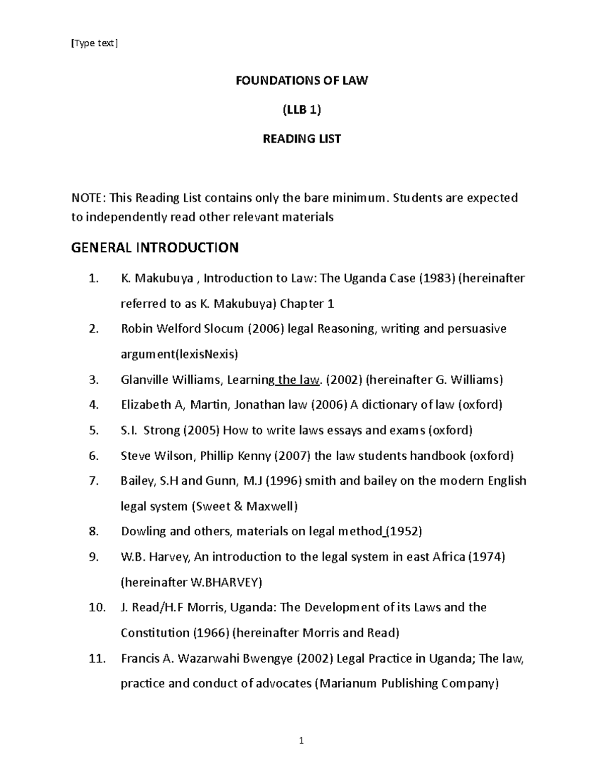Introducing Law Reading List 20211 - FOUNDATIONS OF LAW (LLB 1) READING ...