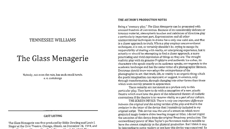 THE GLASS MENAGERIE: Production Notes and Character Insights (ENG 347 ...