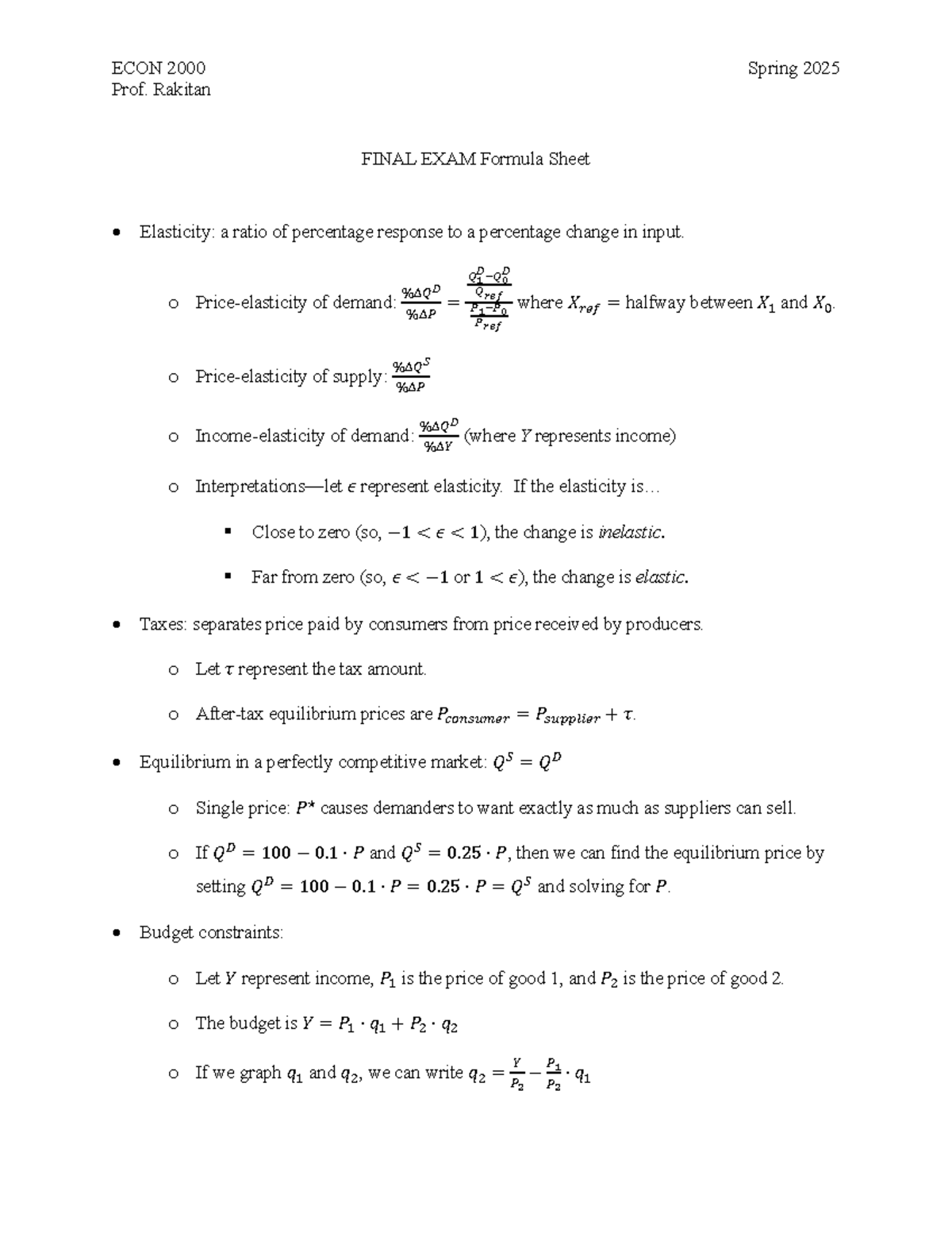 ECON 2000 Final Exam Formula Sheet - Spring 2025 - Studocu