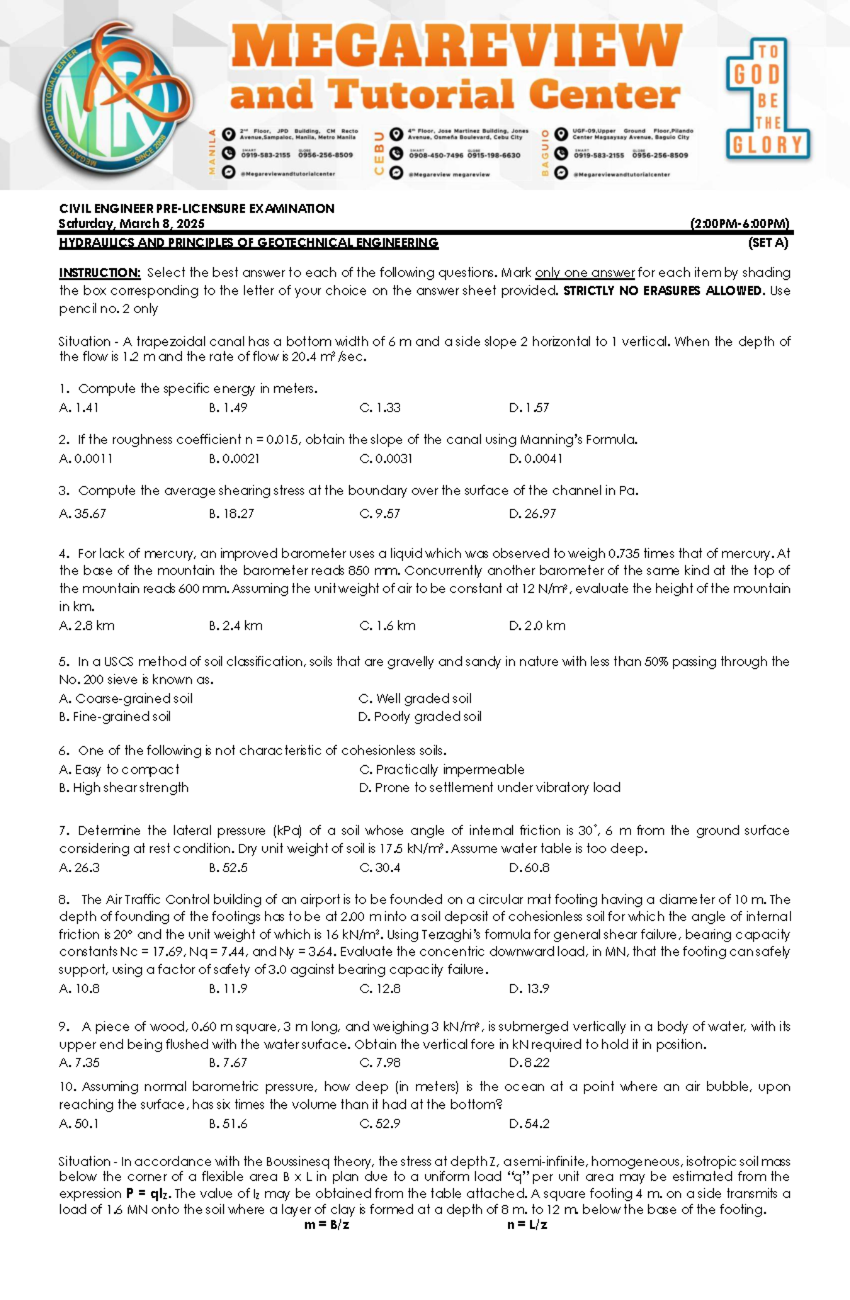 HPGE Preboard Exam Review: Hydraulics & Geotechnical Engineering - Studocu