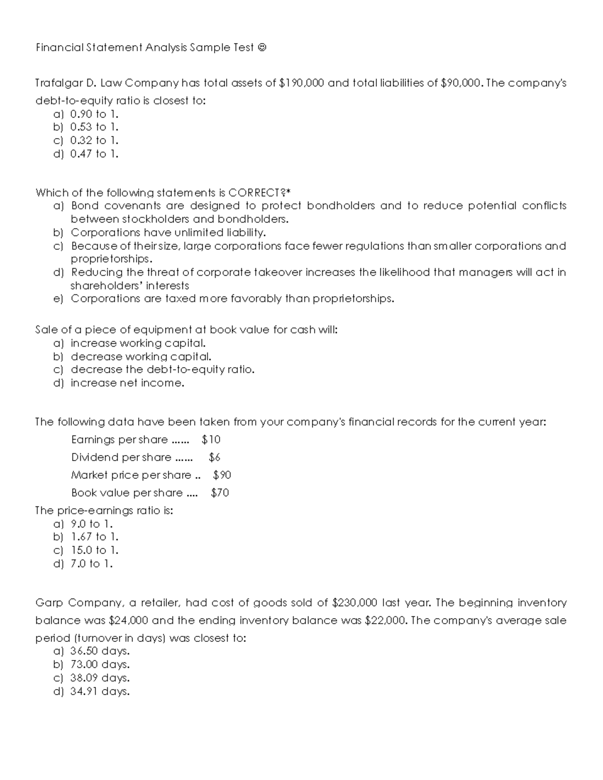 FIN 301: Financial Statement Analysis Sample Test Questions & Solutions ...