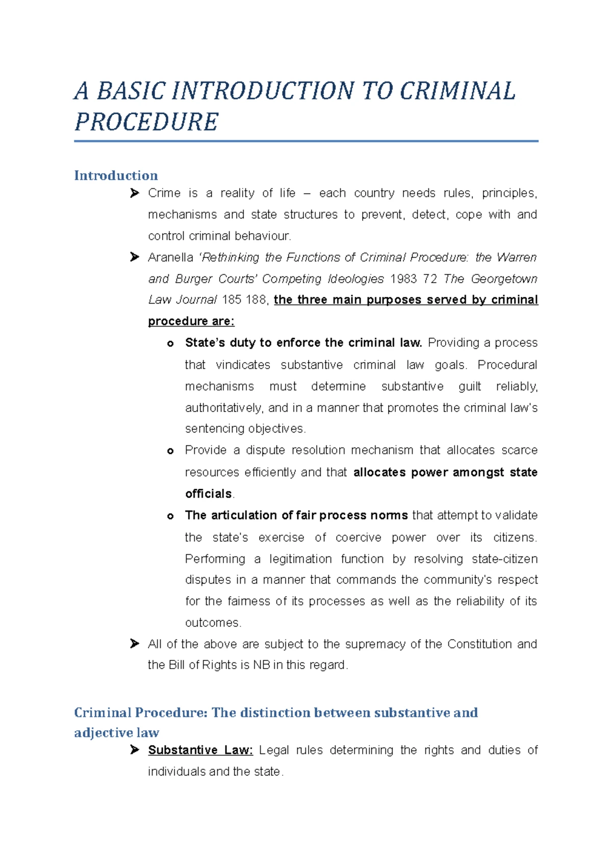 Criminal Procedure notes - Chapter 1: Introduction Introduction Sources ...