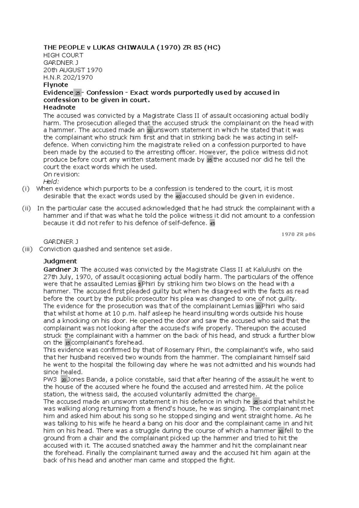 The People v Lukas Chiwaula (1970) ZR 85: High Court Judgment Analysis ...