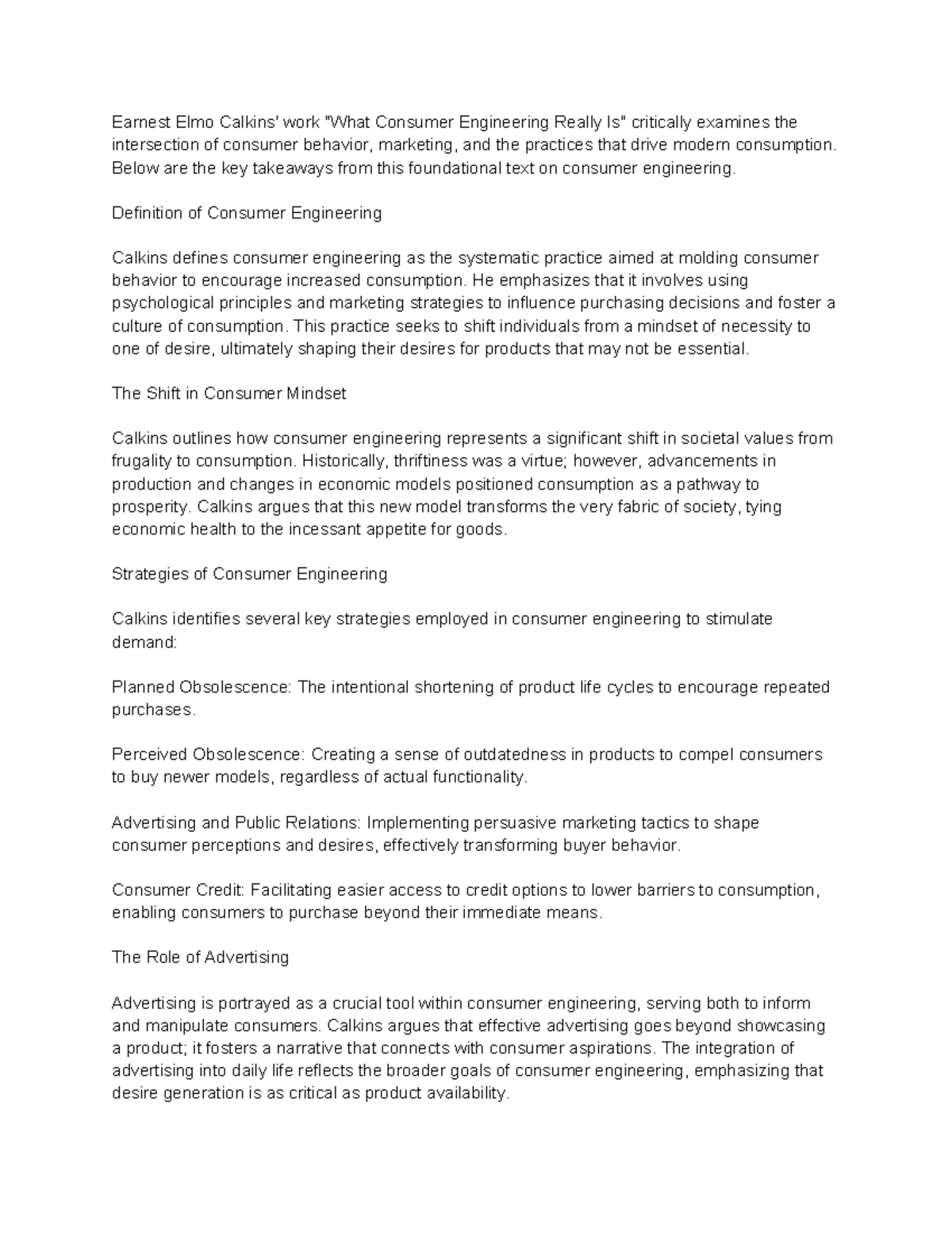 Critical Takeaways from Calkins' Consumer Engineering Insights - Studocu