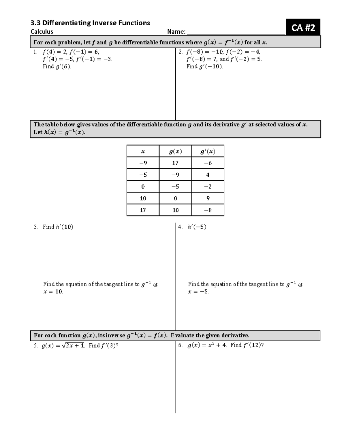 Calc 3 - Alexander Hamilton Academy - 3 Differentiating Inverse Functions Calculus Name: - Studocu