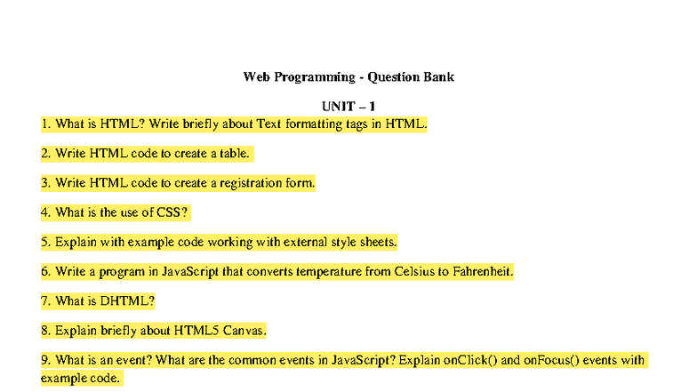 Web Programming Question Bank (CS101) - Comprehensive Guide - Studocu