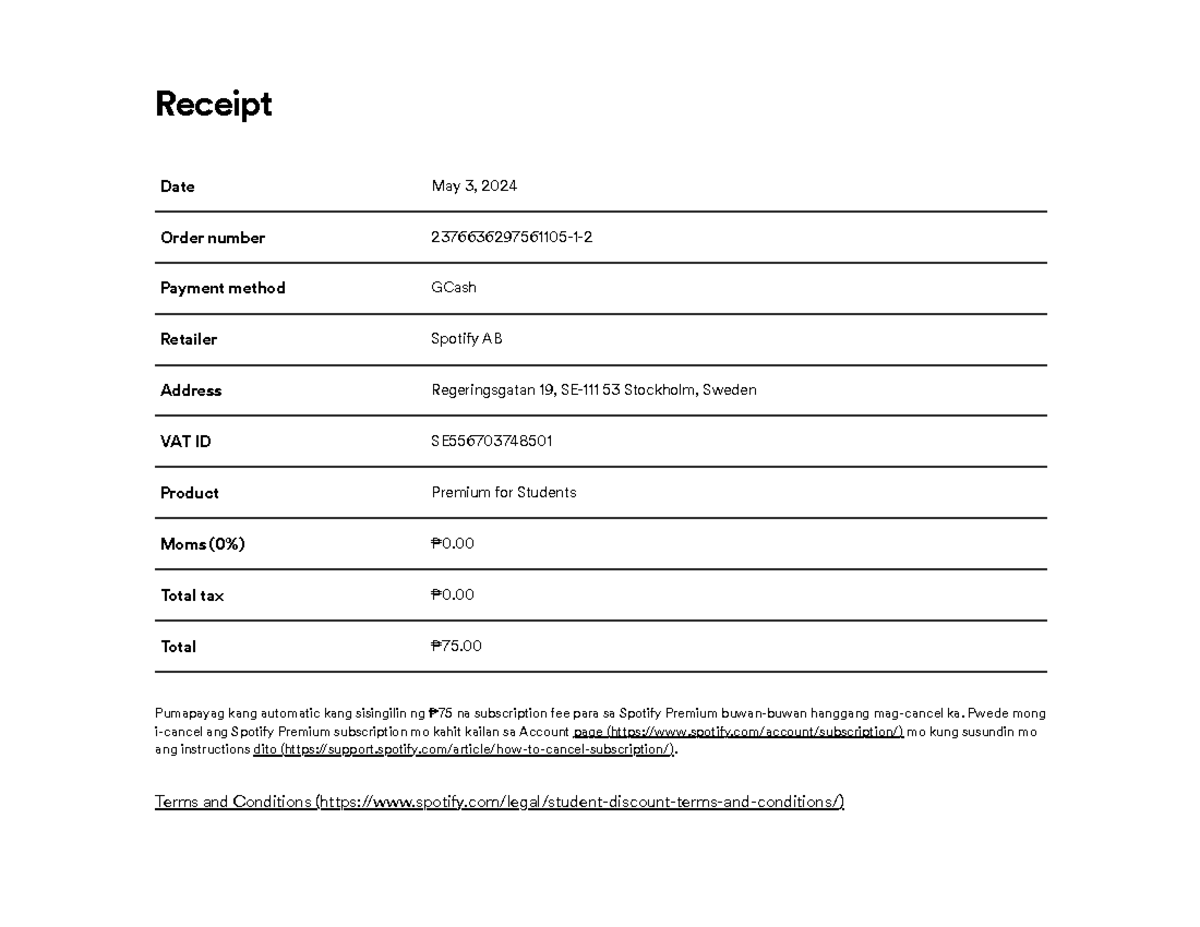 Receipt - Spotify - Art - Receipt Date May 3, 2024 Order number ...