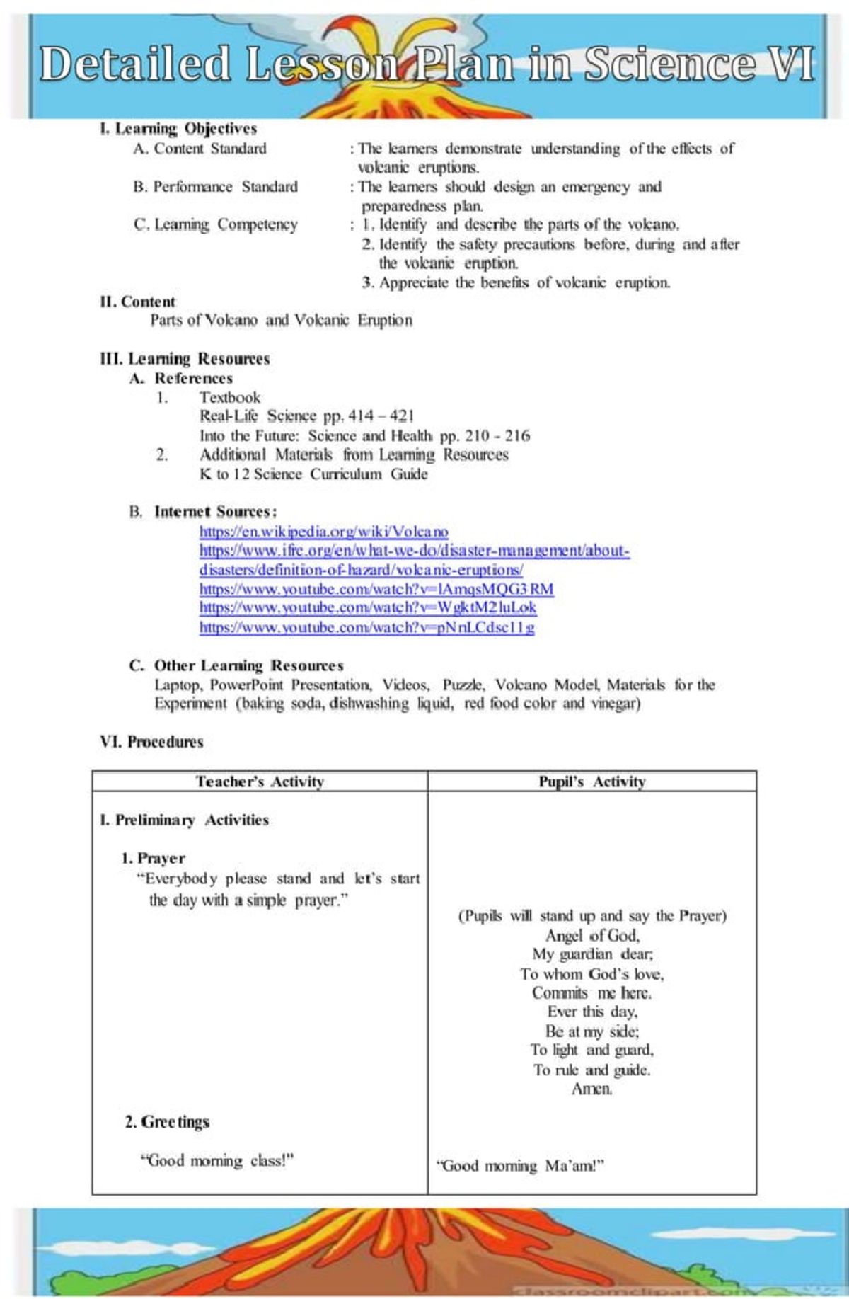Detailed Lesson Plan in Science VI: Understanding Volcanic Eruptions ...