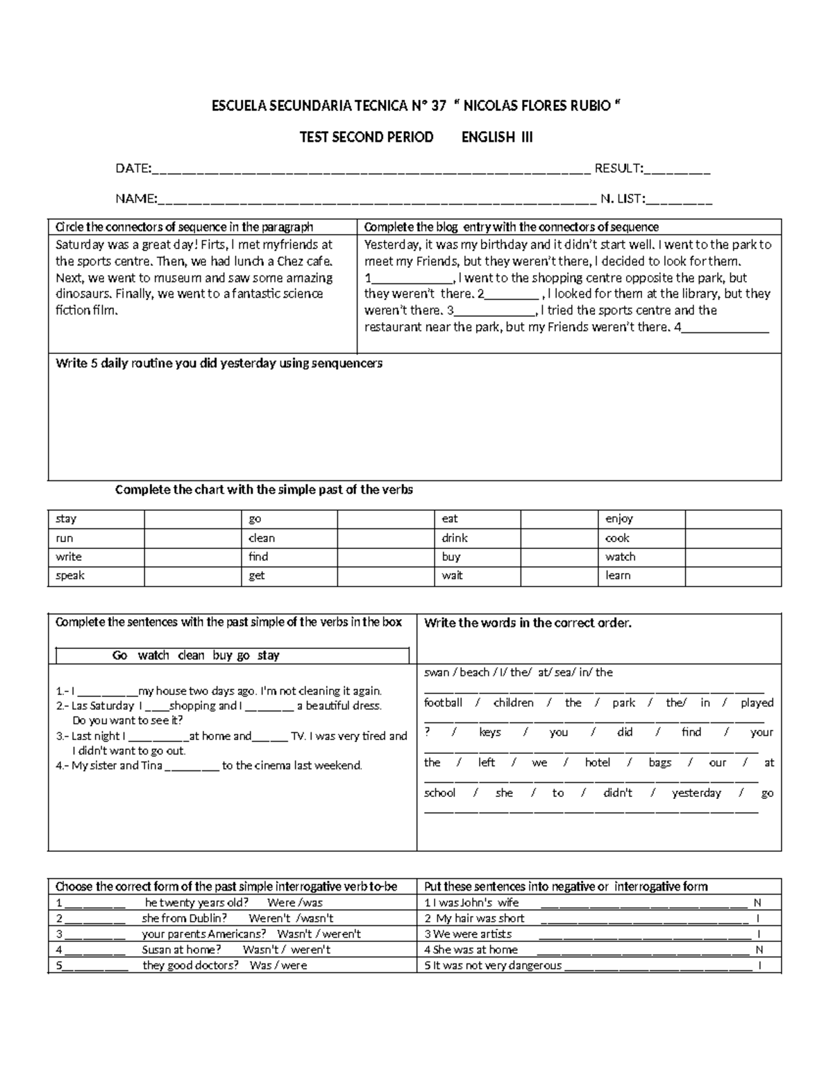TEST Second Period 5-03-24: English Connectors & Past Simple Exercises ...