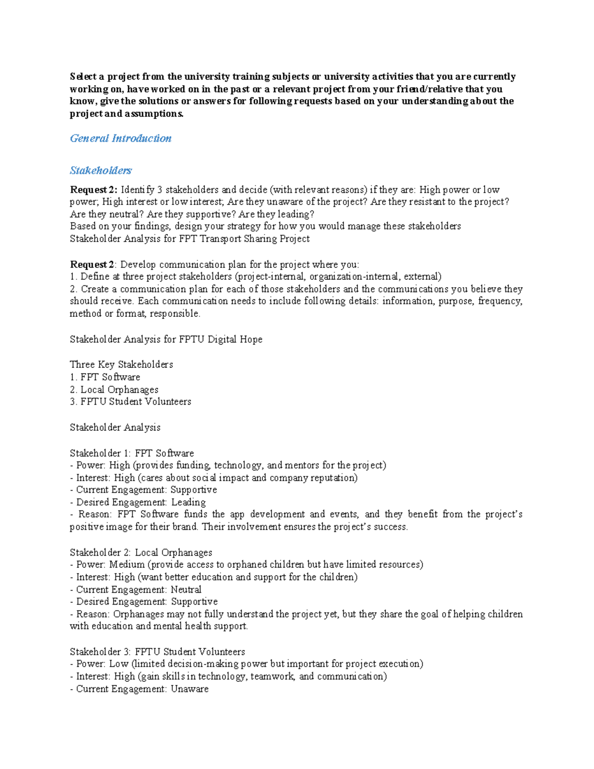 Stakeholder Management and Communication Plan for FPTU Digital Hope ...