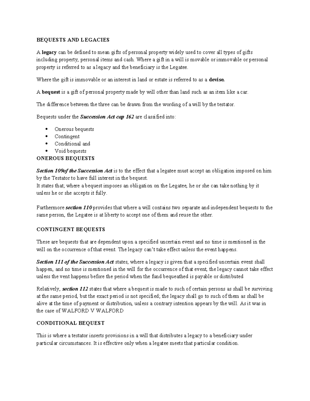 Bequests and Legacies in Land Law: Summary of Succession Act - Studocu