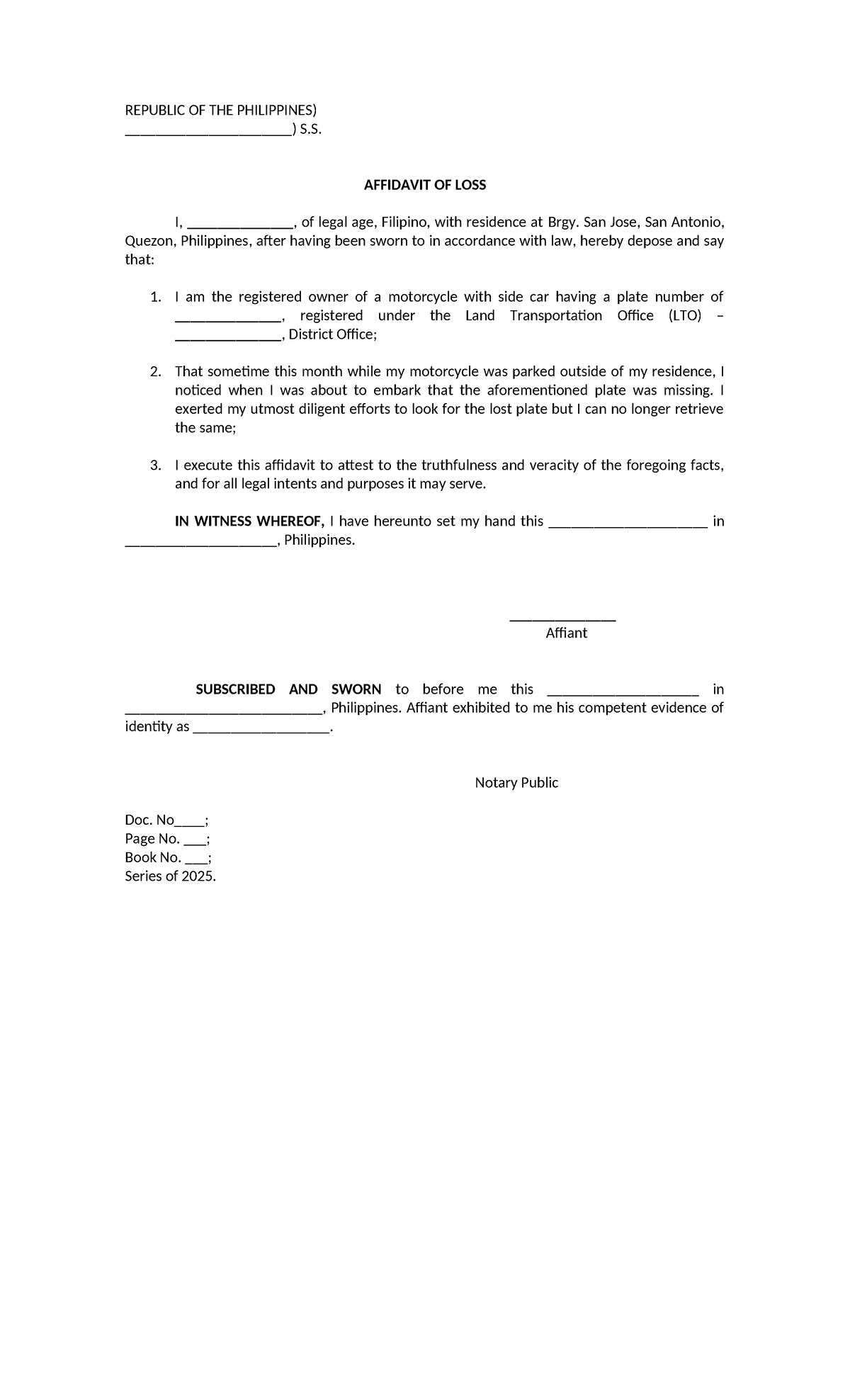 Template Affidavit of Loss (Plate) - Philippines Legal Document - Studocu