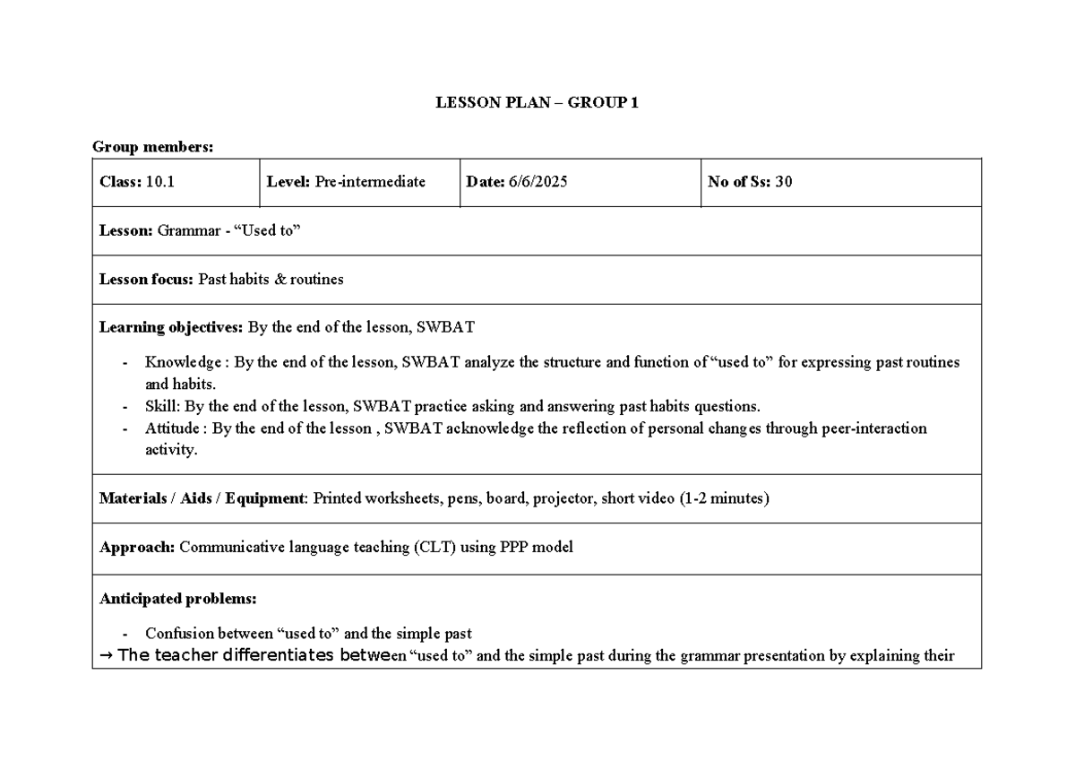 ETM Lesson Plan: Grammar Focus on Past Habits for Group 1 - Studocu