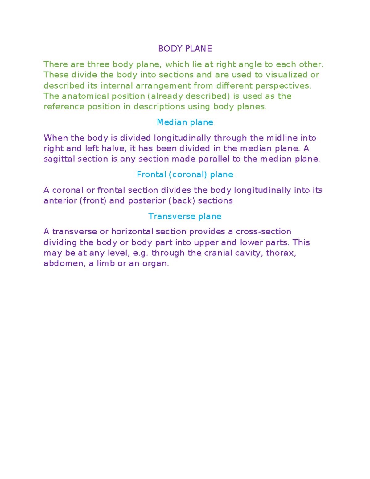 BODY PLANES IN ANATOMY: MEDIAN, FRONTAL, AND TRANSVERSE - Studocu