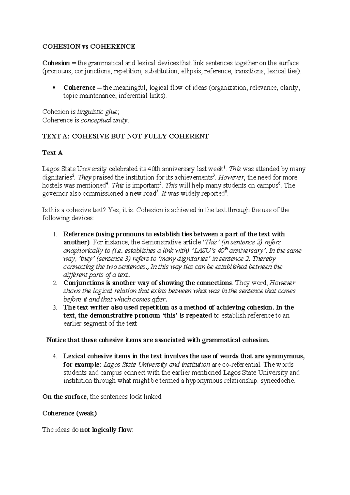 Cohesion vs Coherence: Analyzing Texts in Textlinguistics (COH 101 ...