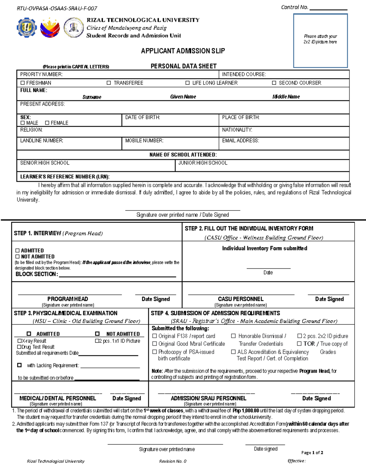 RTU- Ovpasa- Osaas-SRAU-F007: Applicant Admission Slip Form - Studocu