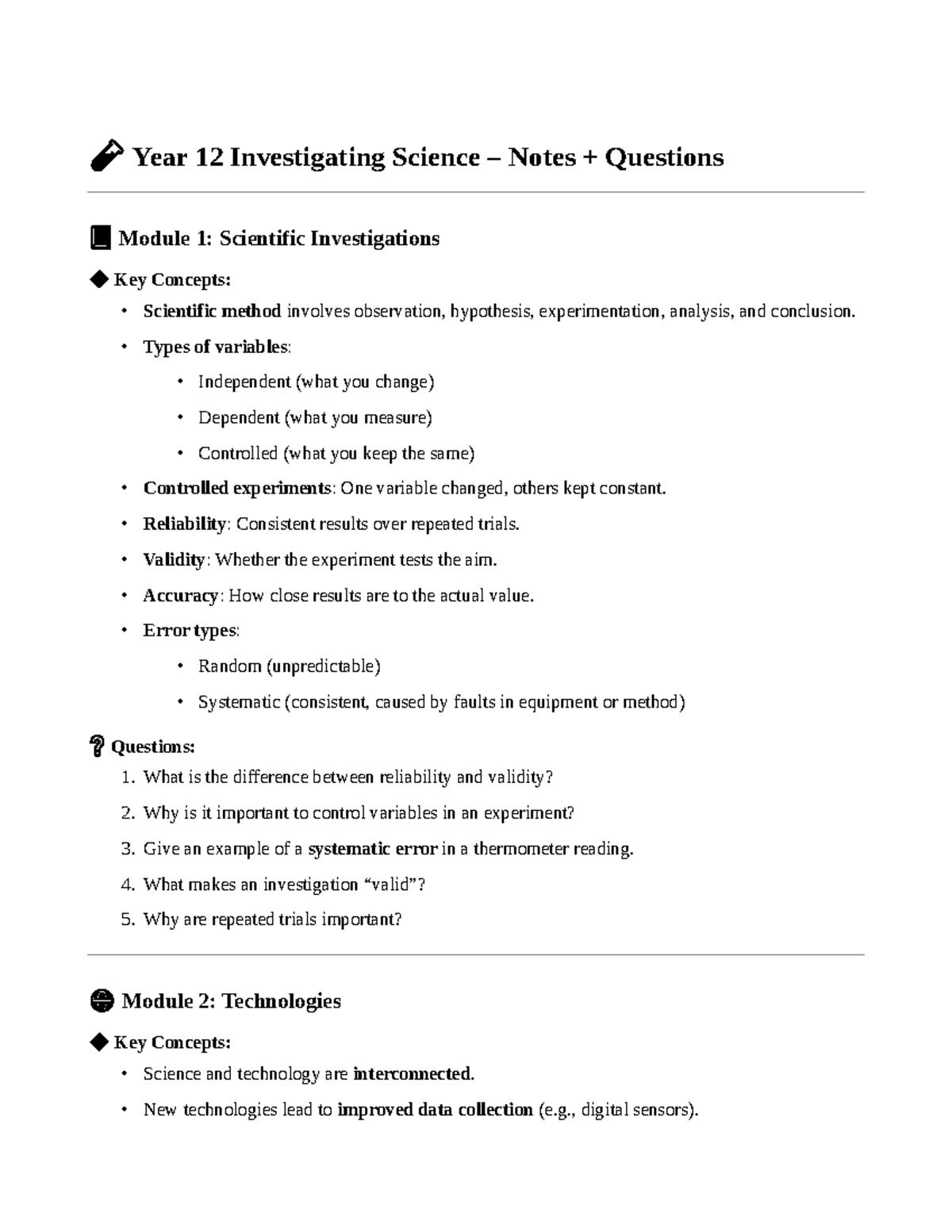 Year 12 Investigating Science Notes: Key Concepts & Questions - Studocu