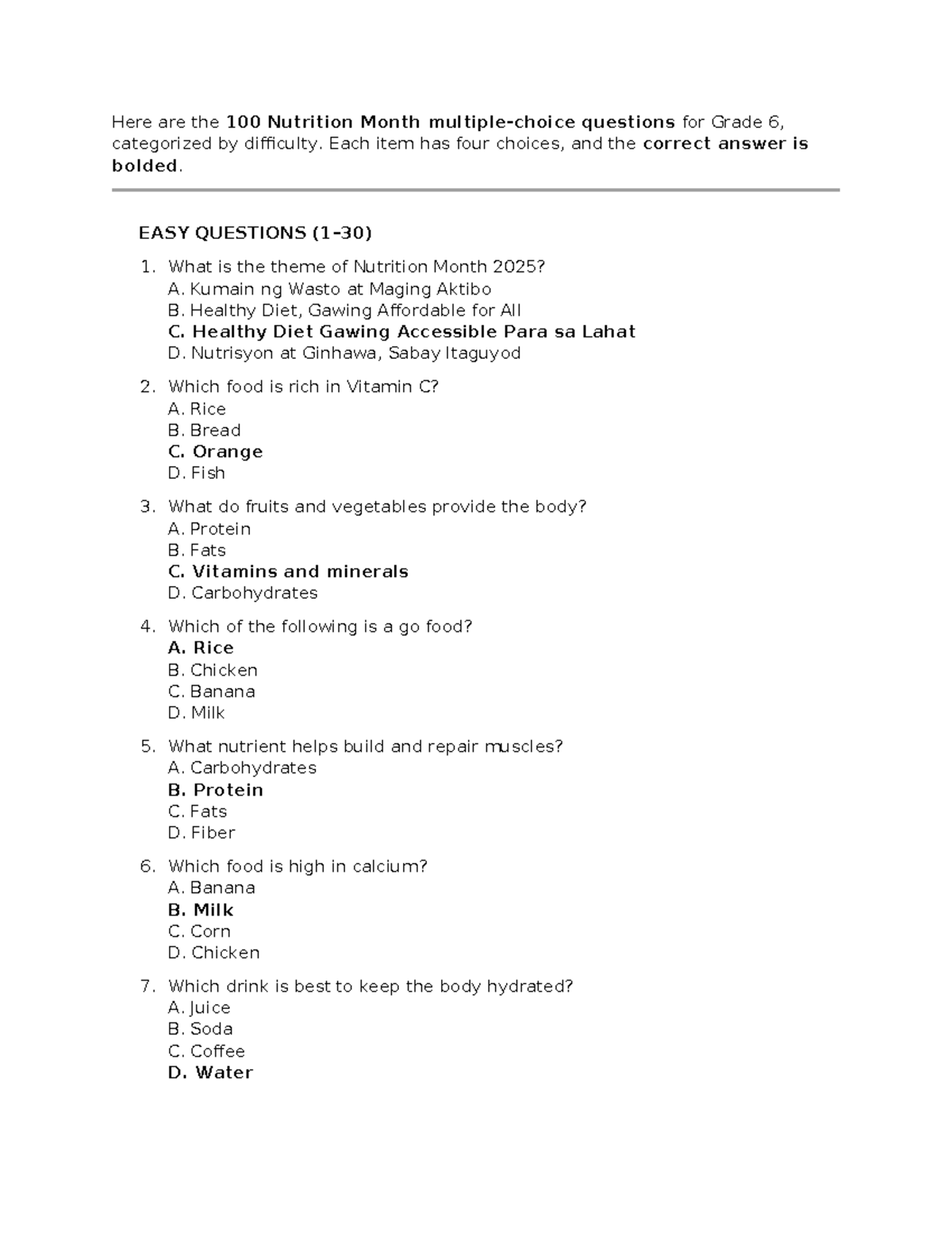 Grade 6 Nutrition Month Quiz Questions (Easy, Average, Difficult) - Studocu