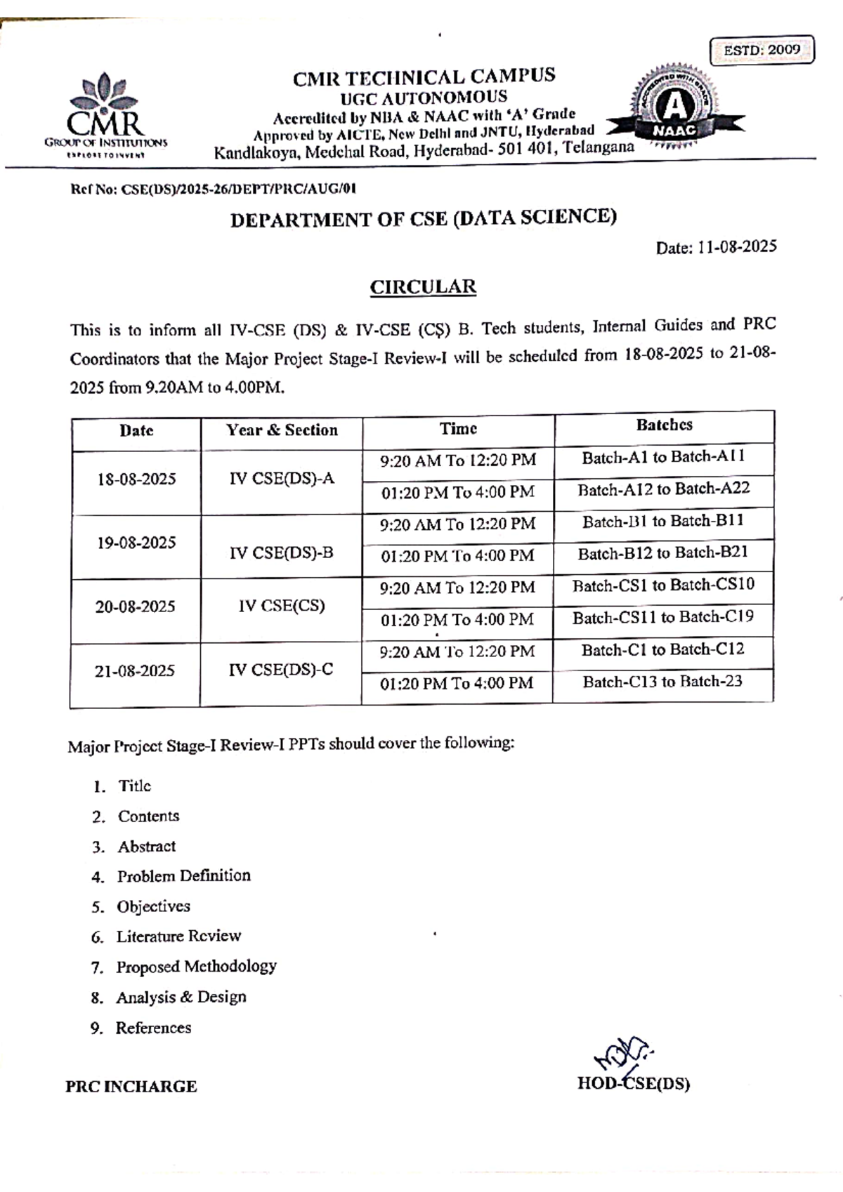 CSE B.Tech Major Project Schedule Circular 2025 - Studocu