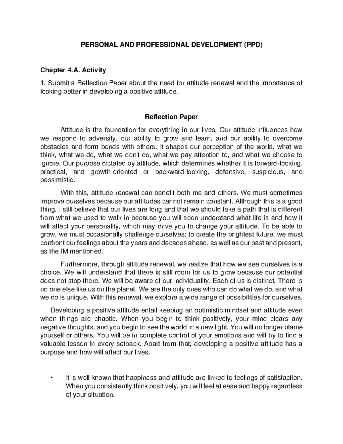 Reflection Paper - Professional Attitude - PERSONAL AND PROFESSIONAL DEVELOPMENT (PPD) Chapter 4 ...