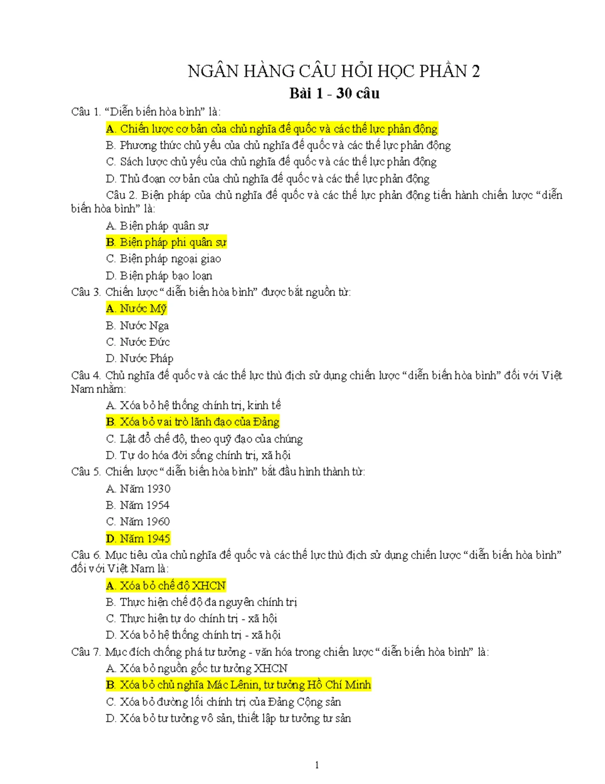 ĐÁP ÁN QP2 THI - đáp án - BÀI 1. PHÒNG, CHỐNG CHIẾN LƯỢC “DIỄN BIẾN HÒA BÌNH”, BẠO LOẠN LẬT ĐỔ ...