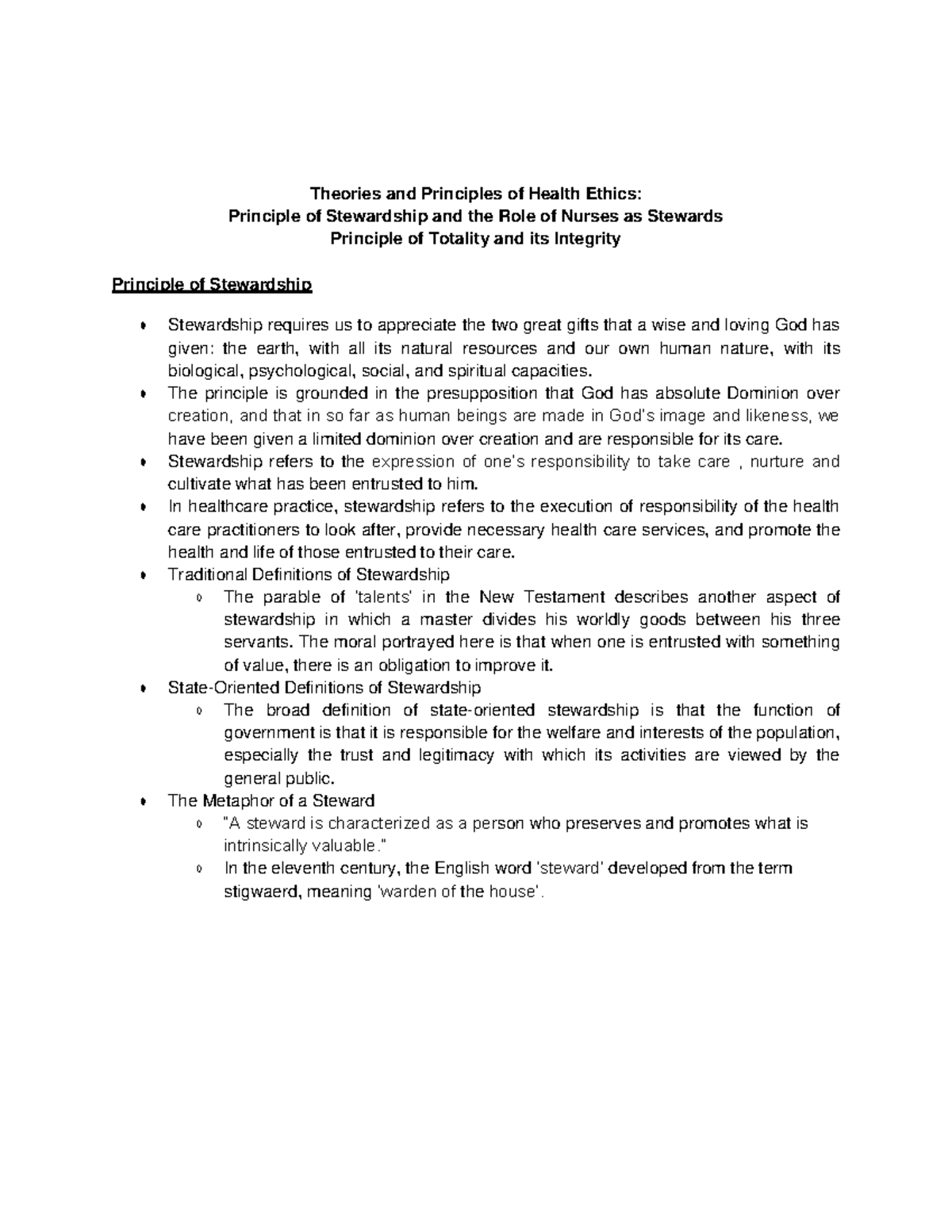 Bioethics 3: Principles of Stewardship and Totality in Nursing Ethics ...