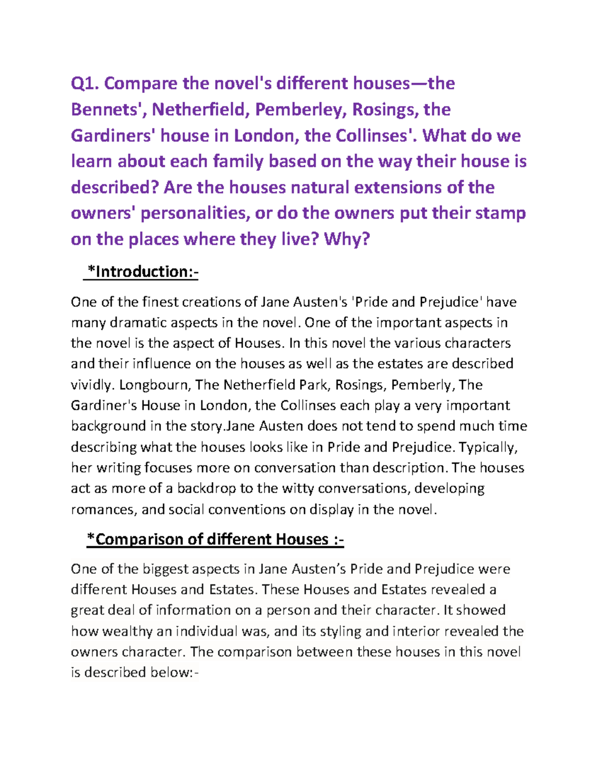 Pride and Prejudice Question 1 - Q1. Compare the novel's different ...