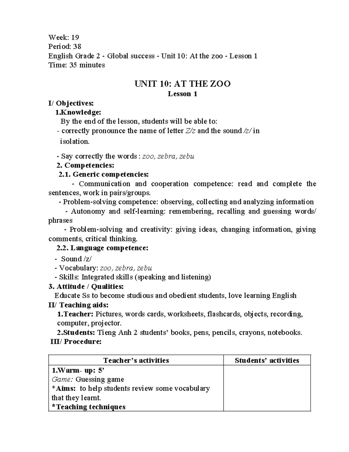 K65.SPTA. English Grade 2 Unit 10: At the Zoo Lesson 1 Guide - Studocu