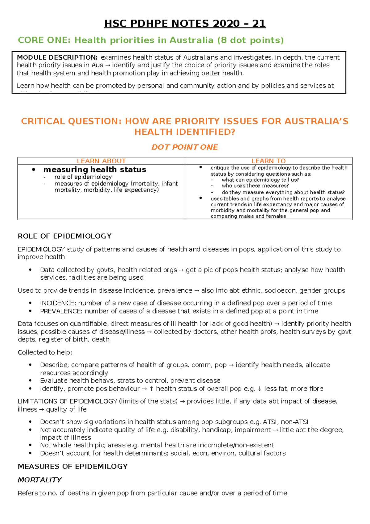 CORE ONE: Health Priorities in Australia - HSC PDHPE Notes 2020-21 ...