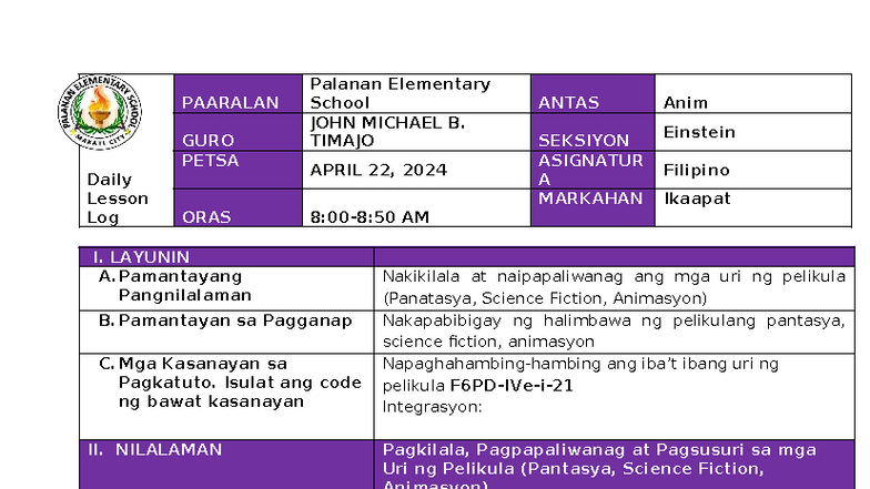 PAARALAN Filipino 4 Daily Lesson Log - Week 4 (April 22, 2024) - Studocu