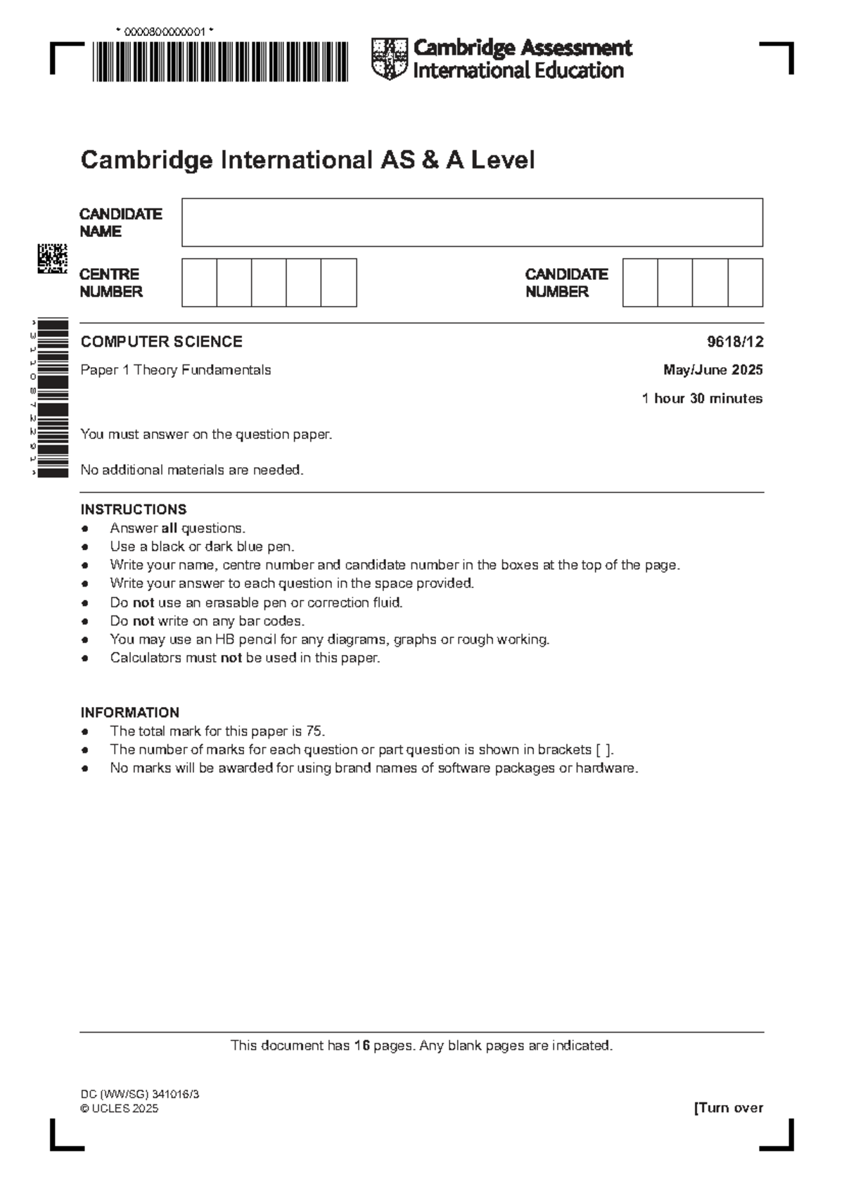 Cambridge International AS A Level 9618/12 Computer Science Paper 1 ...