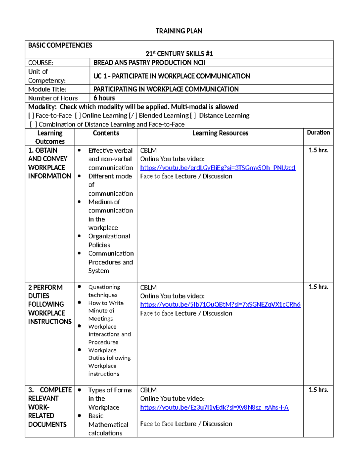 21st Century Training Plan for Bread & Pastry Production NCII - Studocu