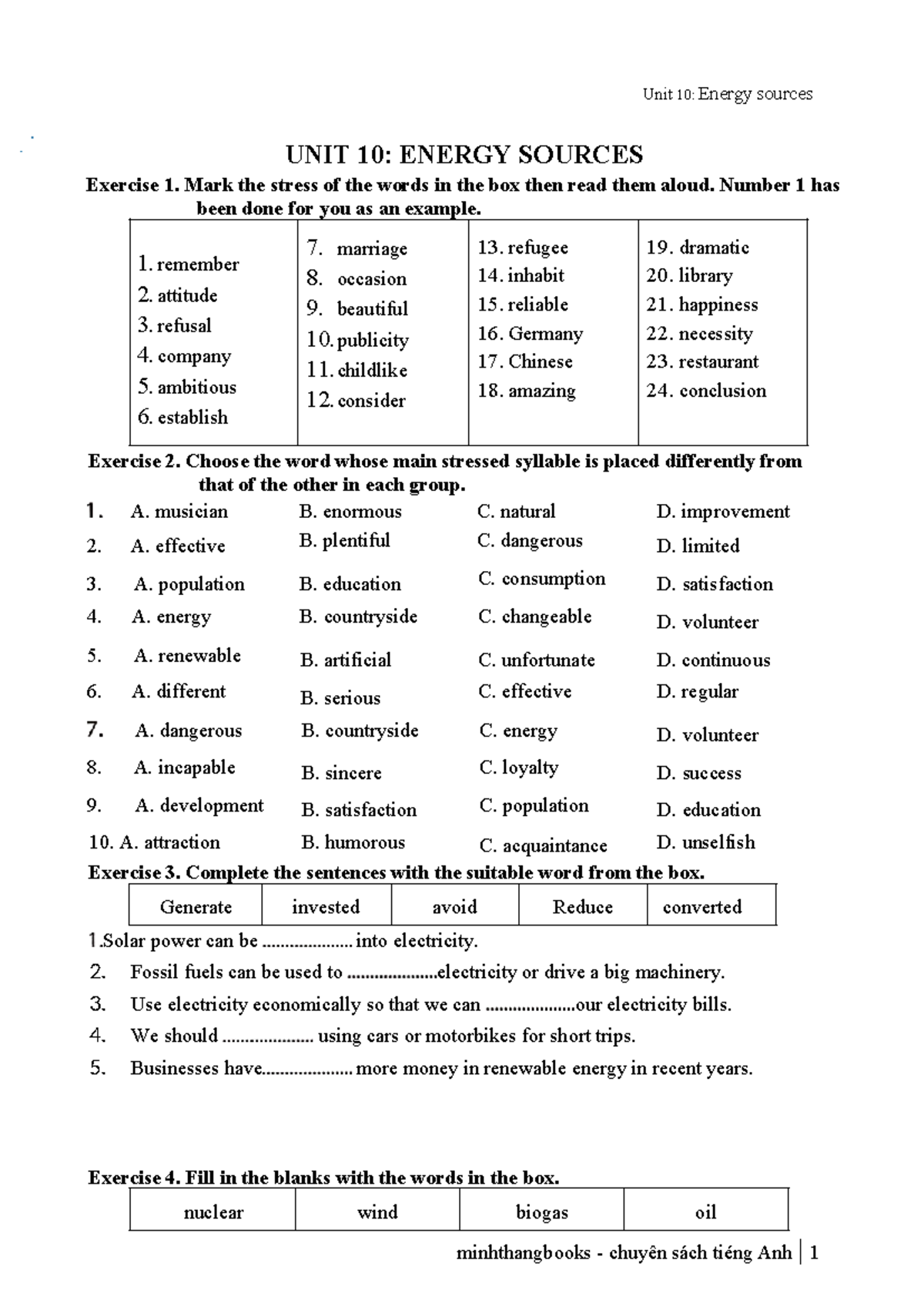 Unit 10: Energy Sources - Complete Exercises & Vocabulary for L7 - Studocu