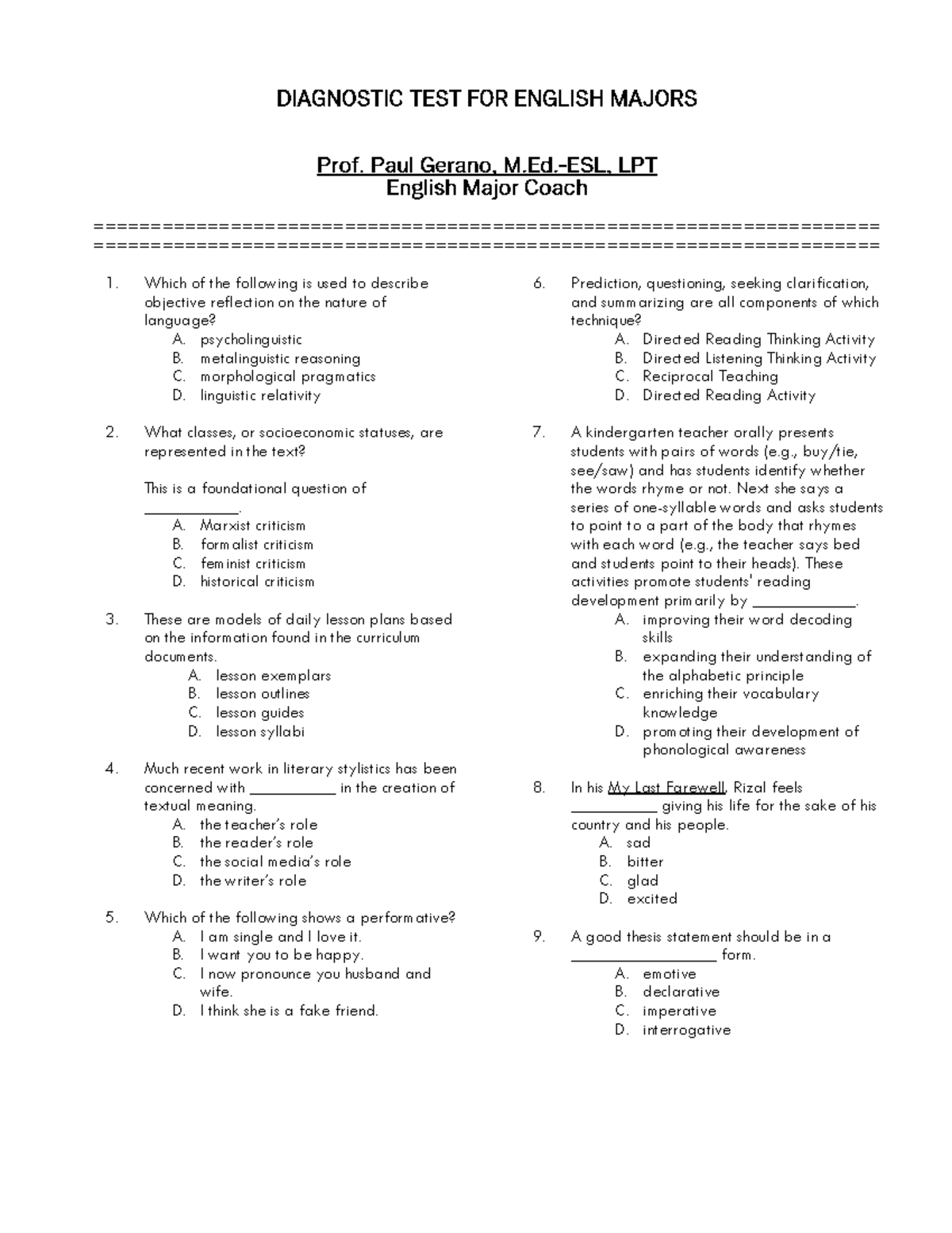 Diagnostic Test for English Majors: Language and Literary Skills - Studocu