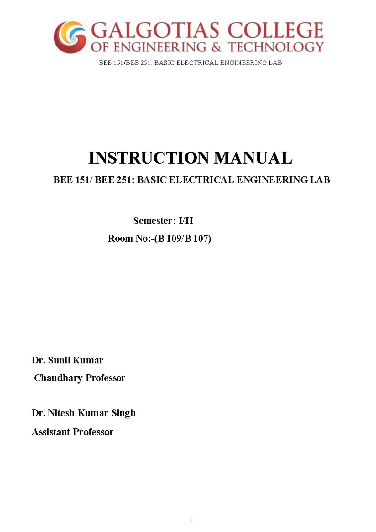 BEE 251: Basic Electrical Engineering Lab Instruction Manual - Studocu