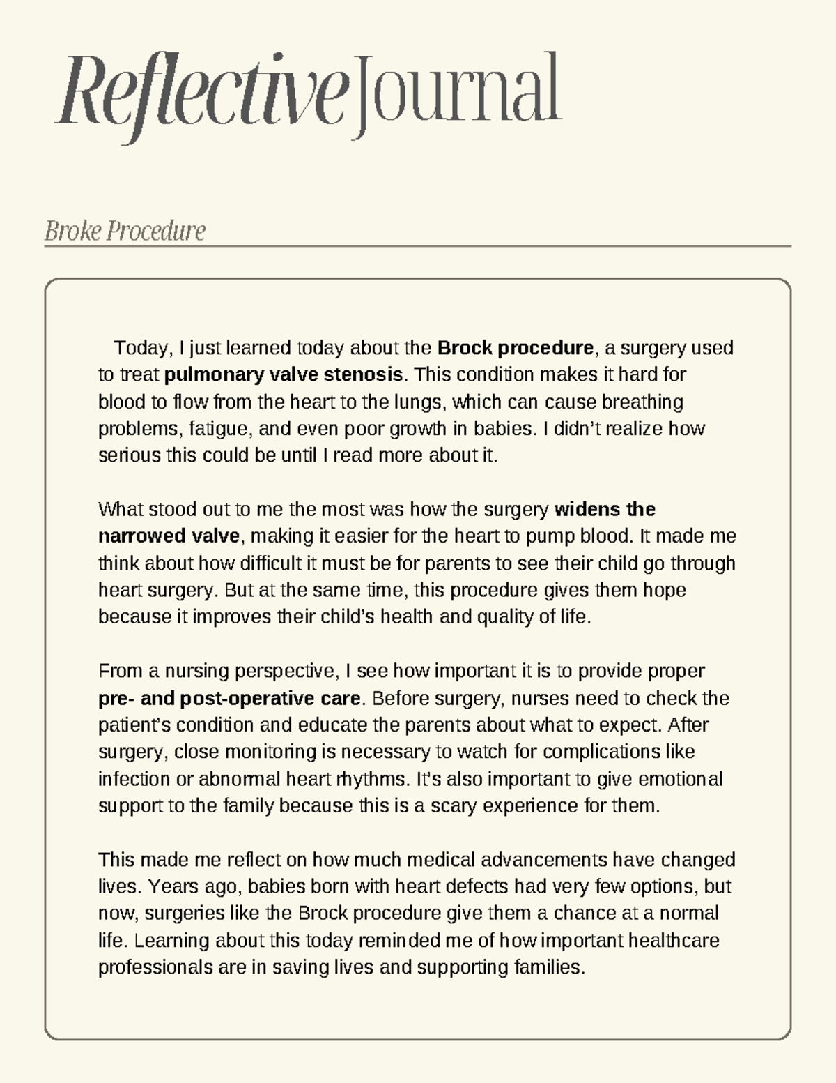 Reflective Journal on the Brock Procedure for Pulmonary Valve Stenosis ...