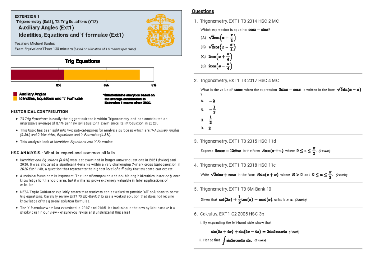Trigonometry EXT1 T3: In-Depth Study of Trig Equations and Identities - Studocu