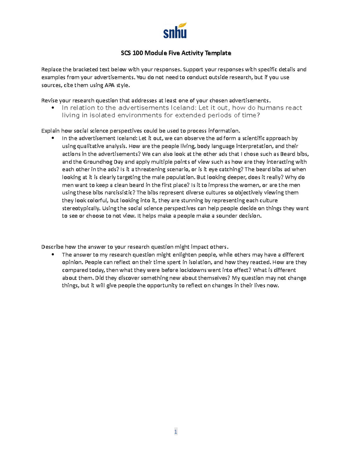 SCS 100 Module Five Activity Template - SCS 100 Module Five Activity Template Replace the ...