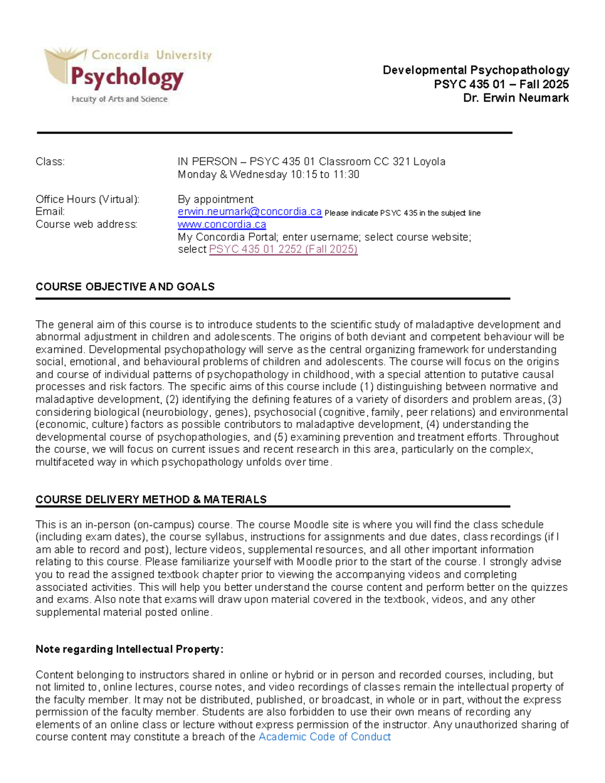 Course Outline for PSYC 435: Developmental Psychopathology Fall 2025 ...