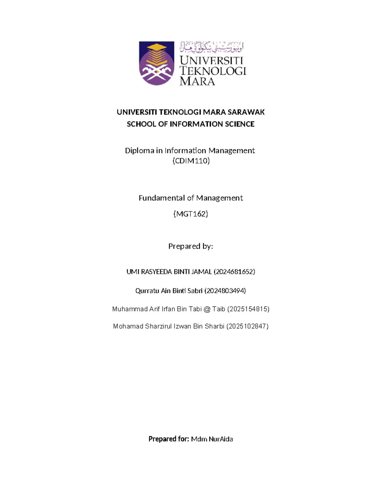MGT162 Group Assignment: Fundamentals of Management Insights - Studocu