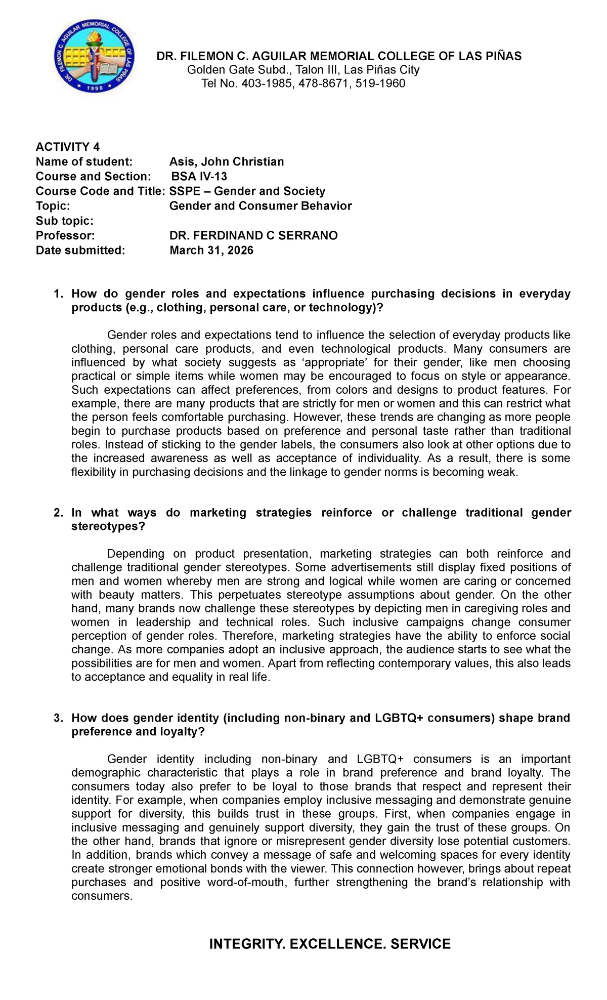 BSA SSPE Activity 4: Gender Roles in Consumer Behavior - Studocu