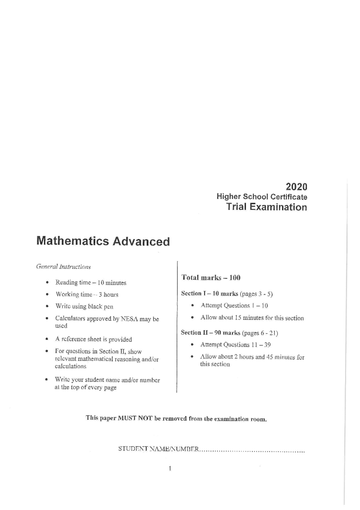 2020 HSC Trial Exam Mathematics Advanced - General Instructions - Studocu